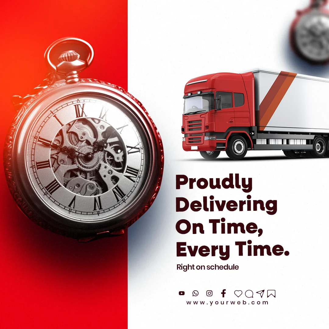 On-Time Delivery Transport PSD – Red Truck & Pocket Watch Theme Social ...